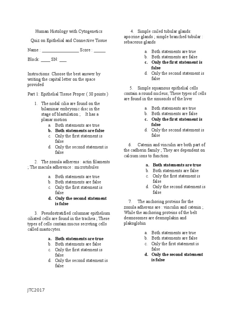 Quiz On Epithelial and Connective Tissue | PDF | Epithelium ...