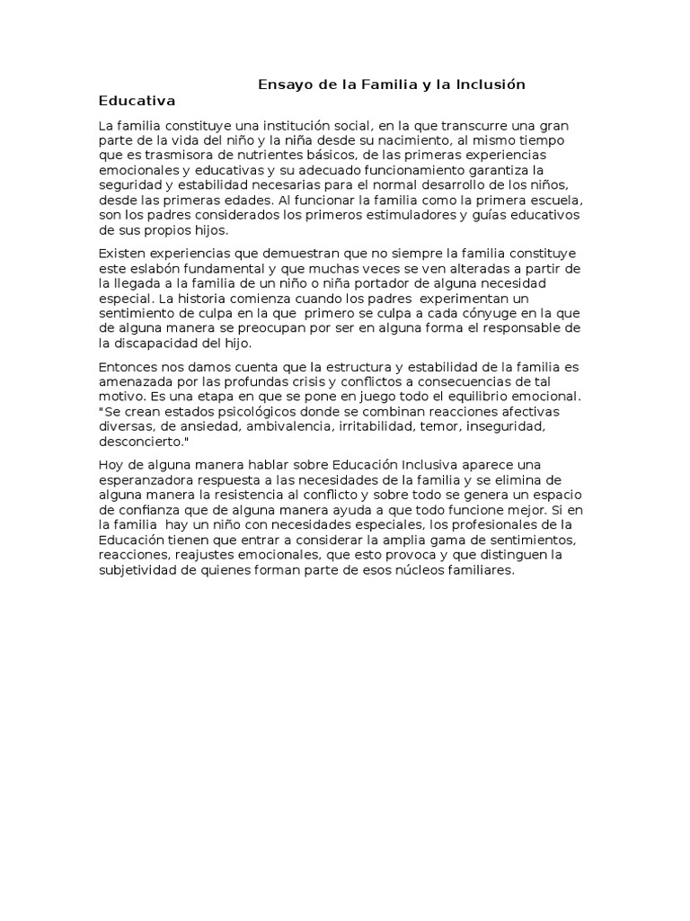 Ensayo de La Familia y La Inclusión Educativa | PDF