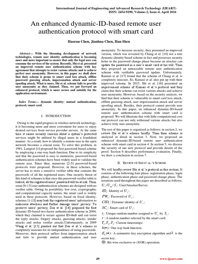 An Enhanced dynamic-ID-based Remote User Authentication Protocol With Smart Card | PDF ...