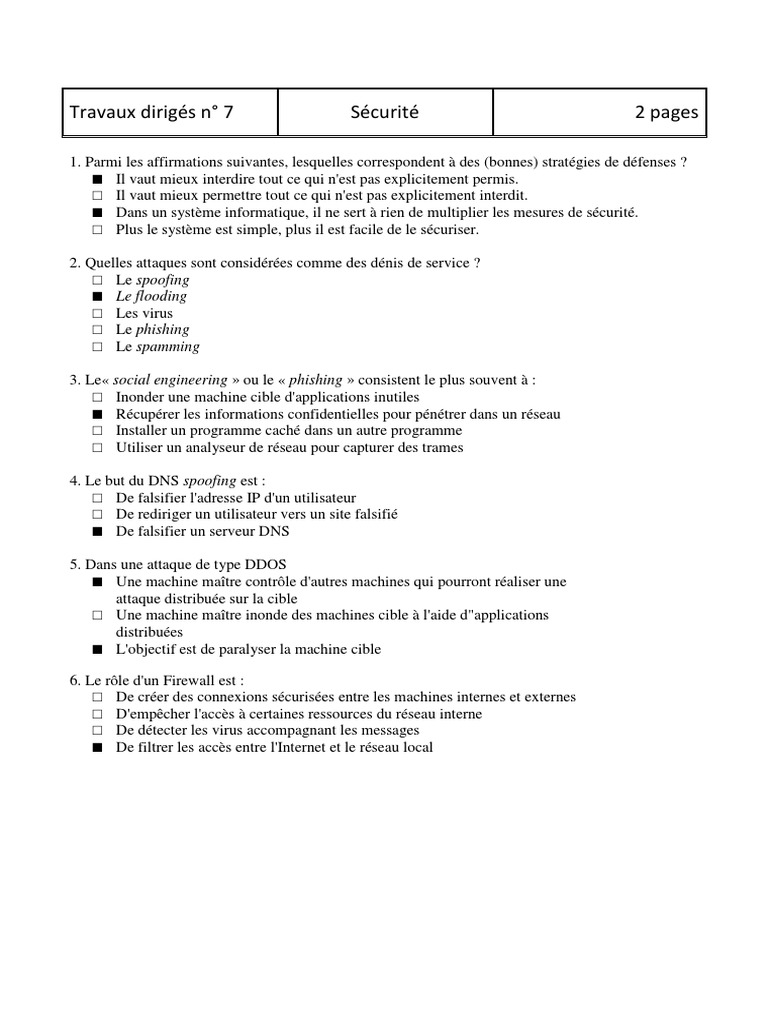 QCM Correction Exam Sécurité | PDF | Attaque par déni de service | Protocole de transfer de fichier