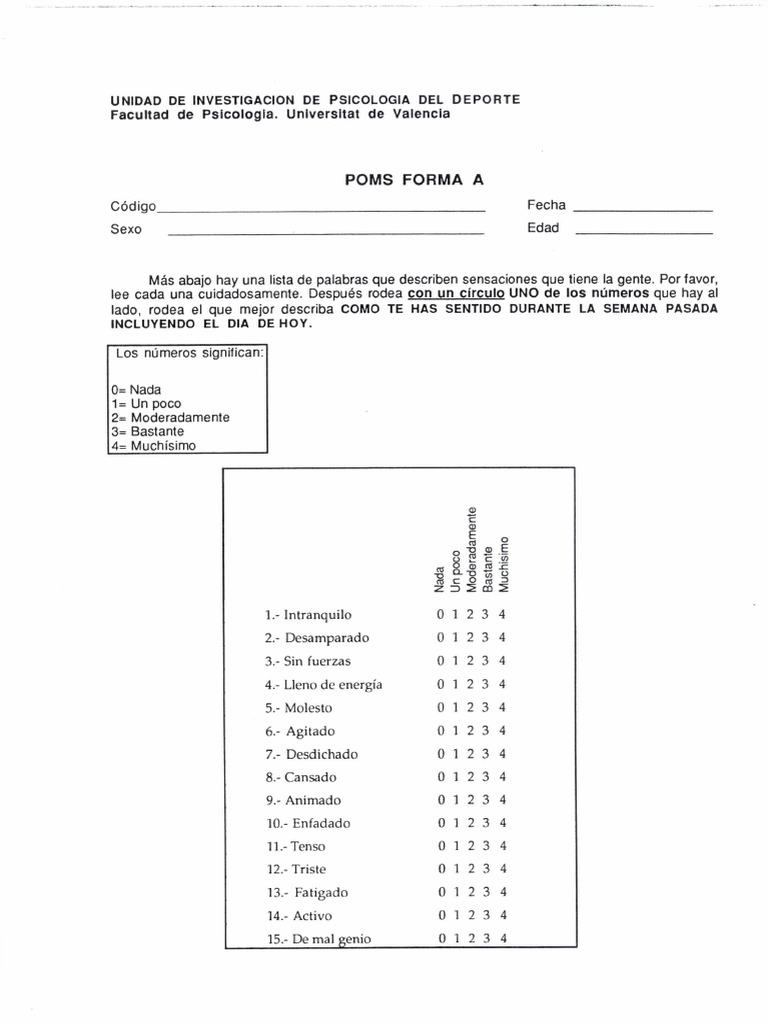 Poms Escala y Baremo | PDF