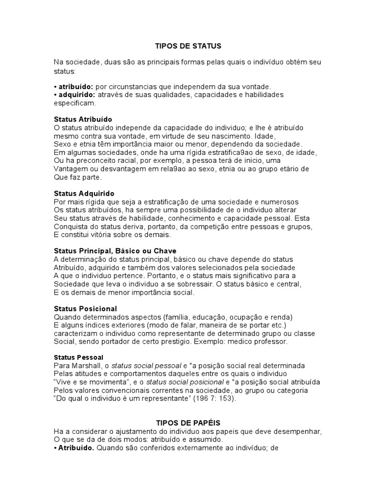 Tipos de Status na Sociedade: Atribuído, Adquirido, Principal e ...