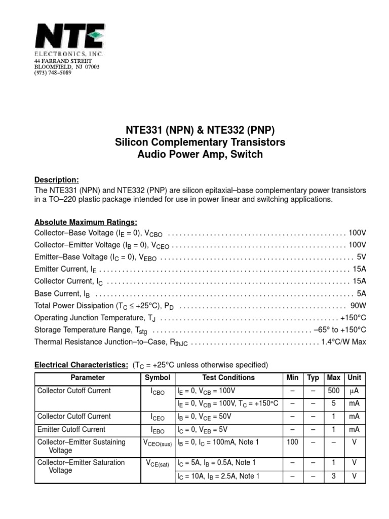 Nte 331 | PDF | Bipolar Junction Transistor | Electrical Equipment