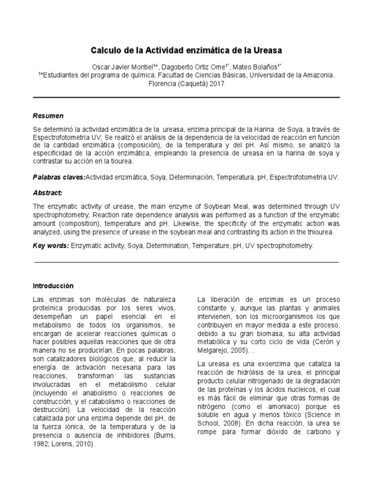 Calculo de La Actividad Enzimática de La Ureasa | PDF | Enzima | Catálisis