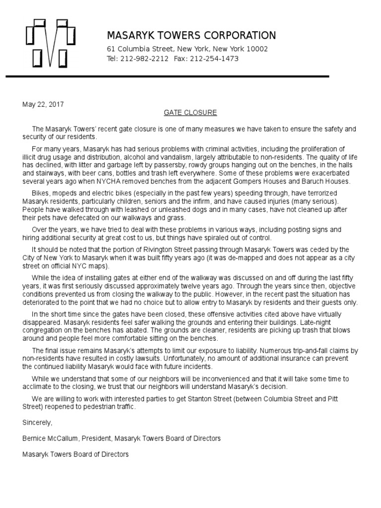 Masaryk Towers Gate Closure Letter | PDF | Violence