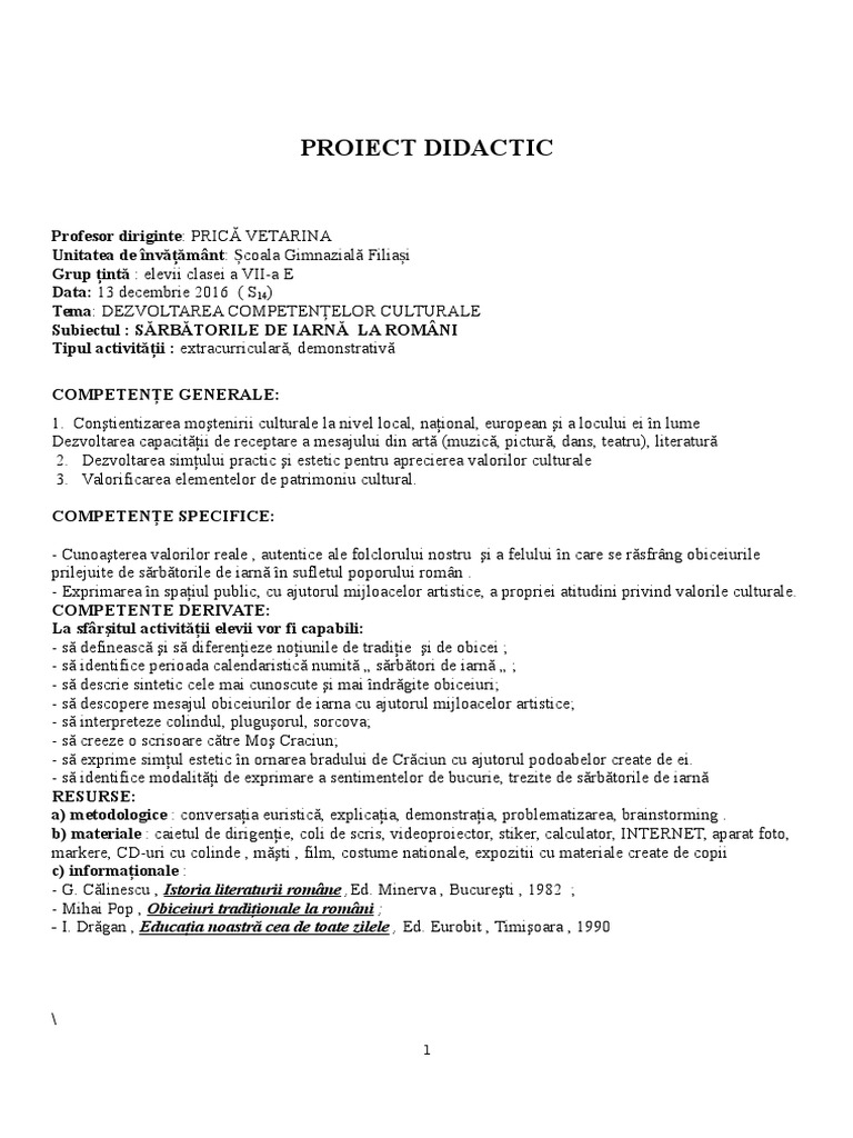 Proiect Didactic - Sarbatorile de Iarna La Romani | PDF