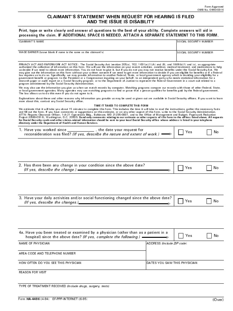 Disability Hearing Statement HA-4486 | Social Security Administration ...