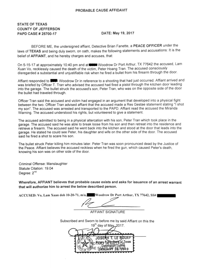 Probable Cause Affidavit in Shooting Death of Peter Tran | PDF