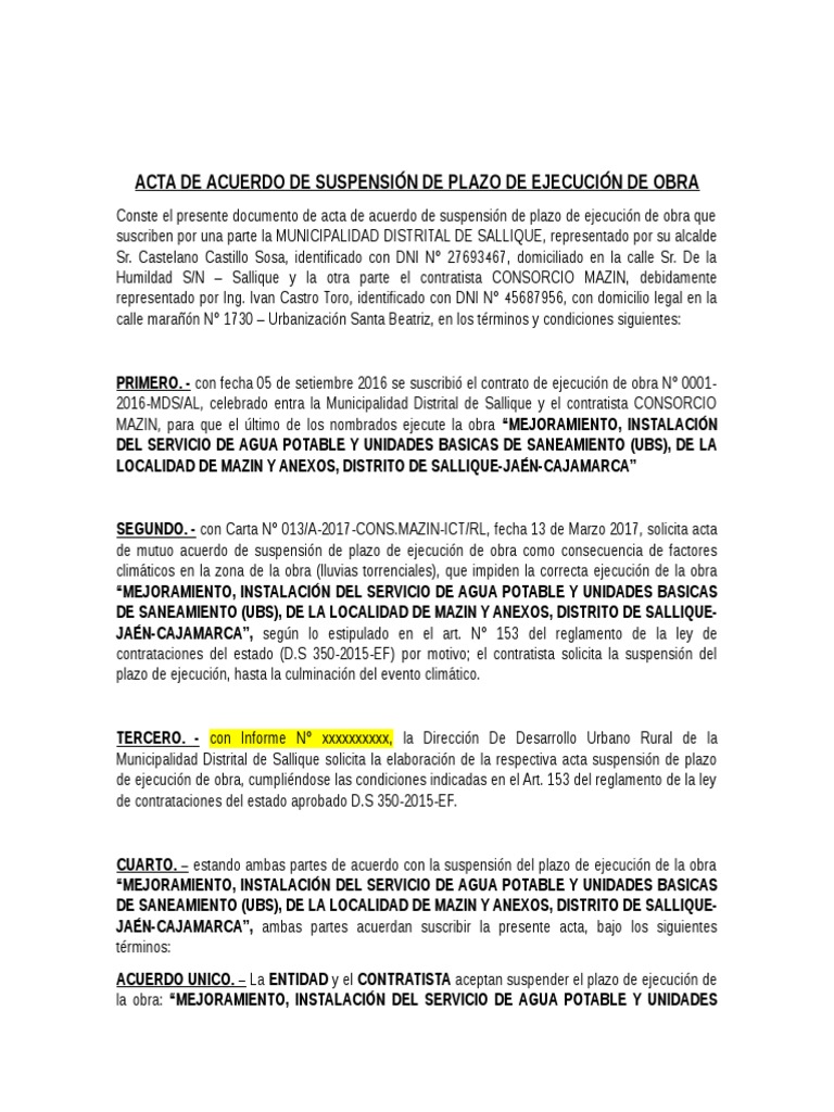 Acta de Acuerdo de Suspension de Plazo de Ejecucion de Obra | PDF | Gobierno | Política (general)