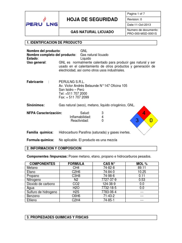 Hoja Msds GNL Peru LNG | PDF | Gas natural licuado | Oxígeno