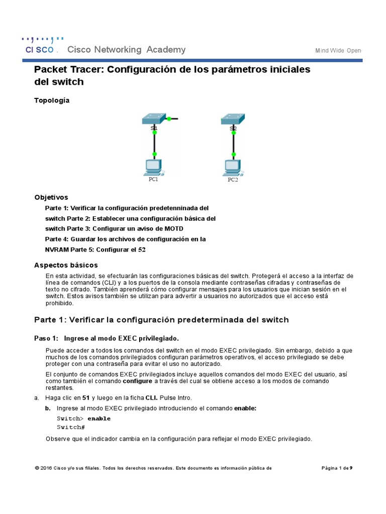 2.2.3.4 Packet Tracer - Configuring Initial Switch Settings (Terminado) | PDF | Contraseña ...