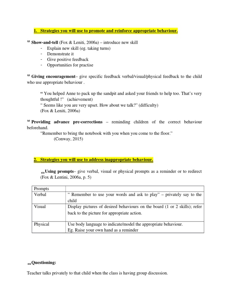 S 4 - Strategies You Will Use To Promote and Reinforce Appropriate Behaviour | PDF | Behavior ...