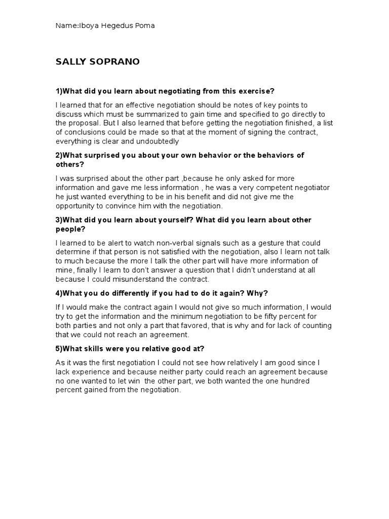 Insights from the Sally Soprano Negotiation | PDF