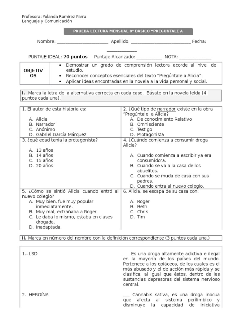 Prueba de Comprensión: "Pregúntale a Alicia" | PDF | Drogas ...