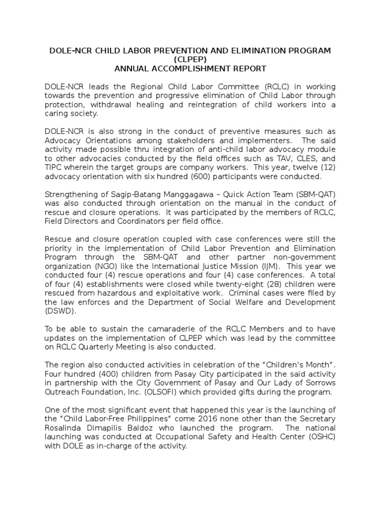 Dole-Ncr Clpep Annual Accomplishment Report | PDF | Metro Manila ...