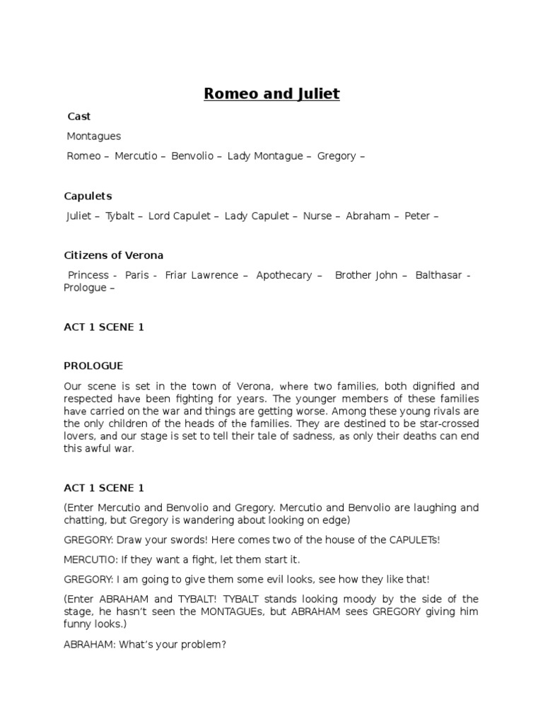 Romeo and Juliet Shortened Modern Script | Characters In Romeo And ...