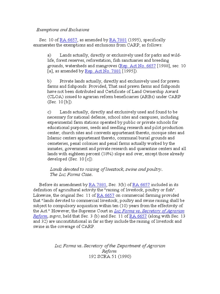 CARP Exemptions and Exclusions From Agrarian Reform Law and ...