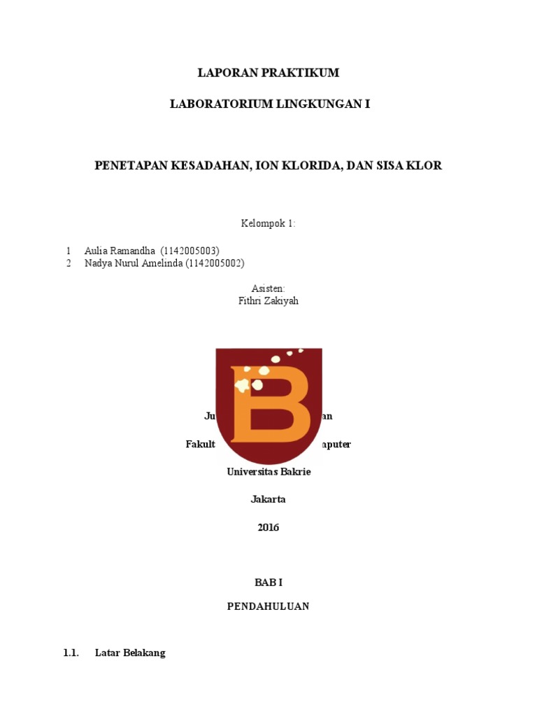 Laporan Laboratorium Lingkungan 1 Kesadahan, Ion Klorida, Dan Sisa Klor | PDF