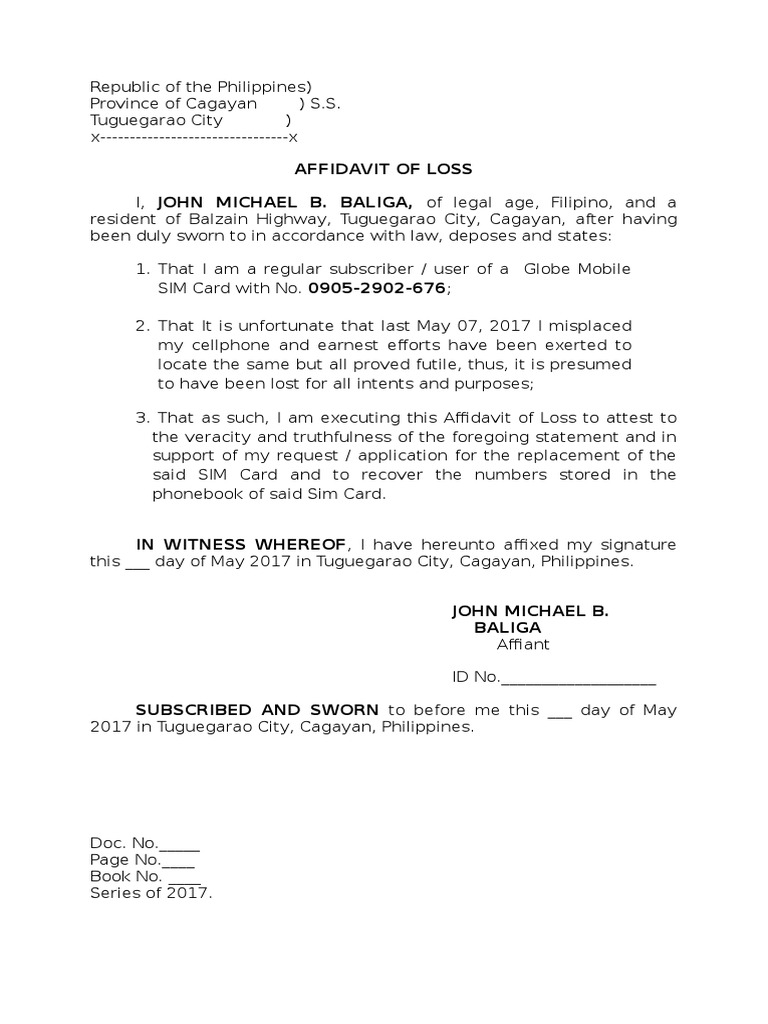 Affidavit of Loss - Sim Card | PDF