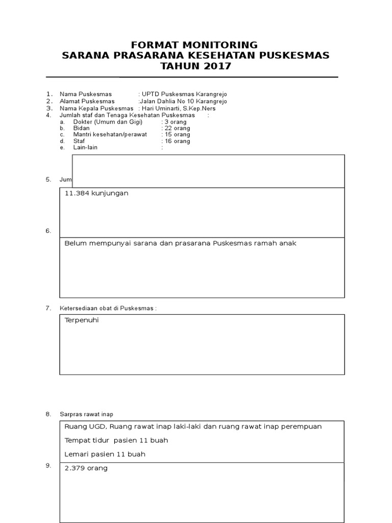 Format Monitoring Sarpras Puskesmas 2017 | PDF