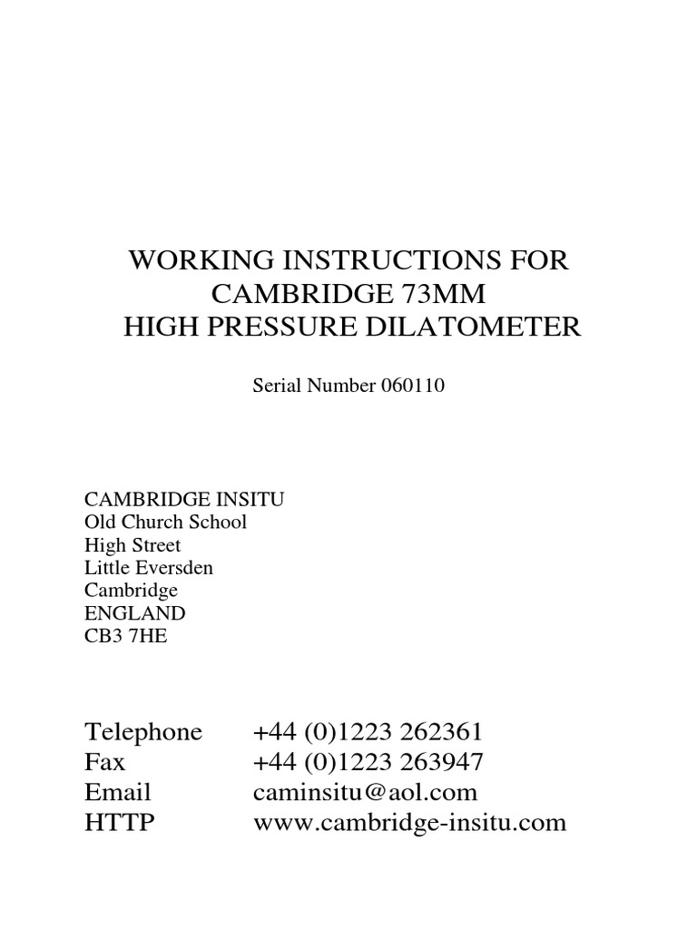 Cambridge 73mm High Pressure Dilatometer - Working Instructions | PDF ...
