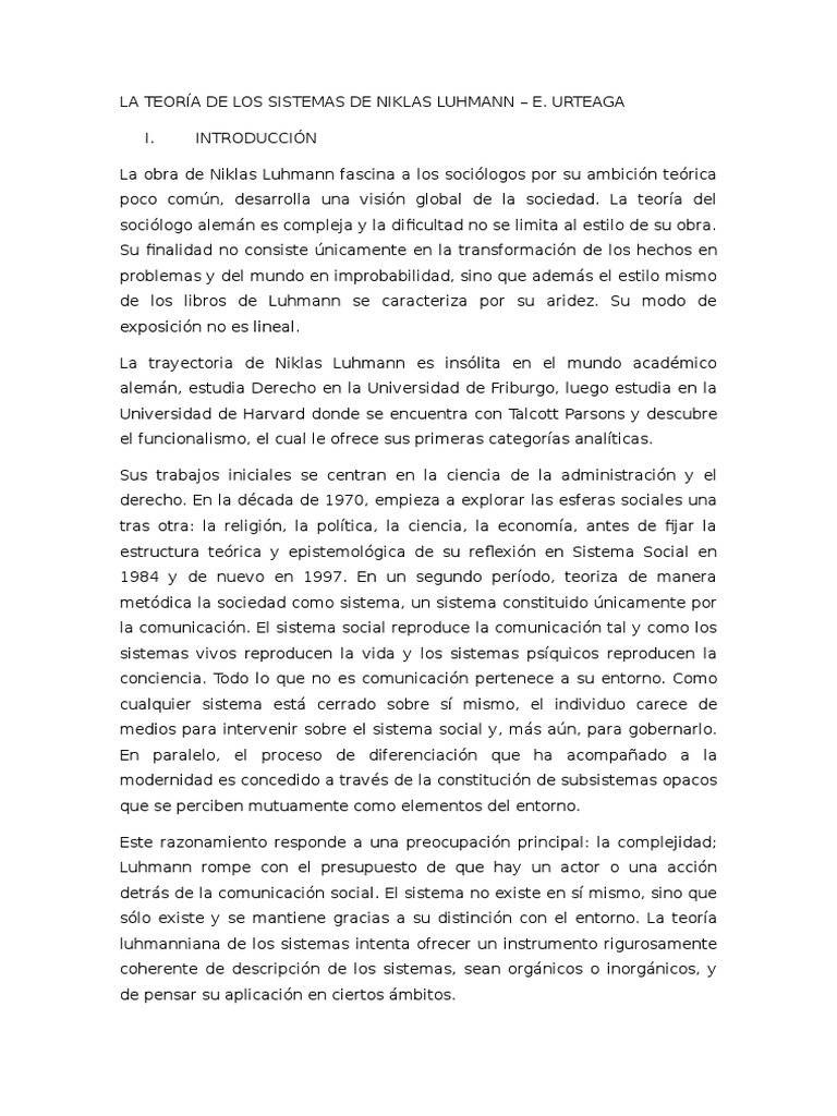 La Teoría de Los Sistemas de Niklas Luhmann La Teoría de Los Sistemas de Niklas Luhmann