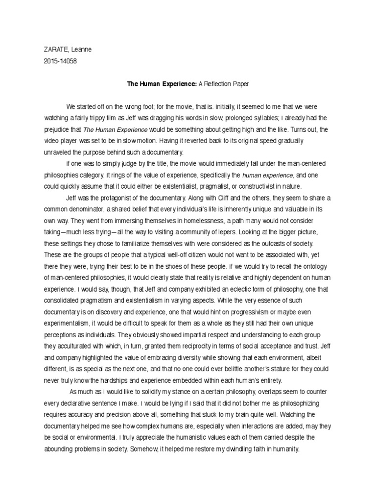 The Human Experience Reflection Paper | Pragmatism | Propositional ...