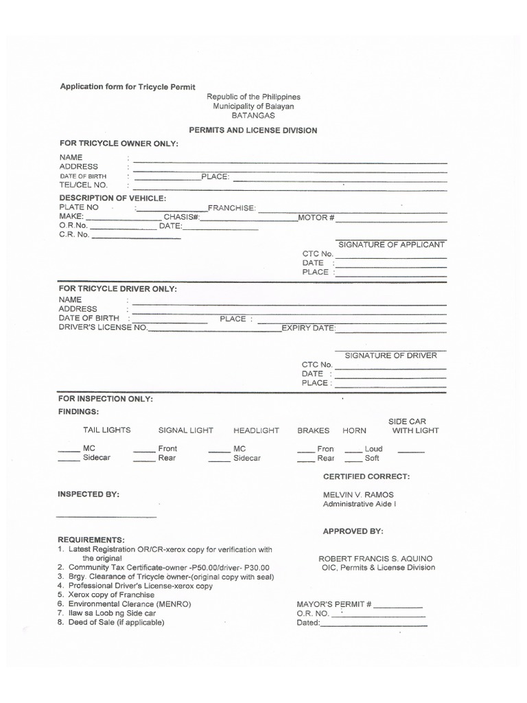 Application For Tricycle Permit PDF | PDF