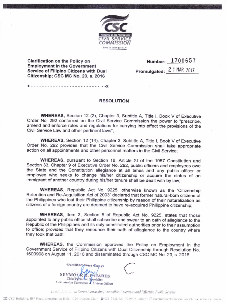 CSC Resolution No. 1700657 Dated March 21, 2017 - Dual Citizenship ...