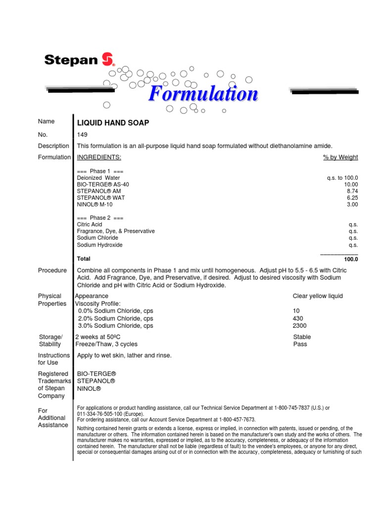 Stepan Formulation 149 | PDF | Sodium Hydroxide | Chemical Substances