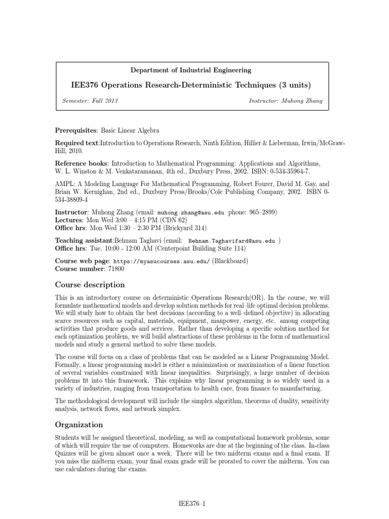 IEE 376 - Operations Research Deterministic TechniquesApplications PDF ...