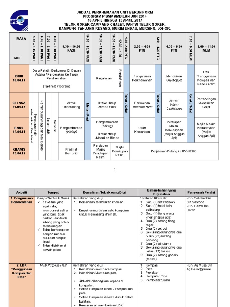 Jadual Perkhemahan Unit Beruniform | PDF