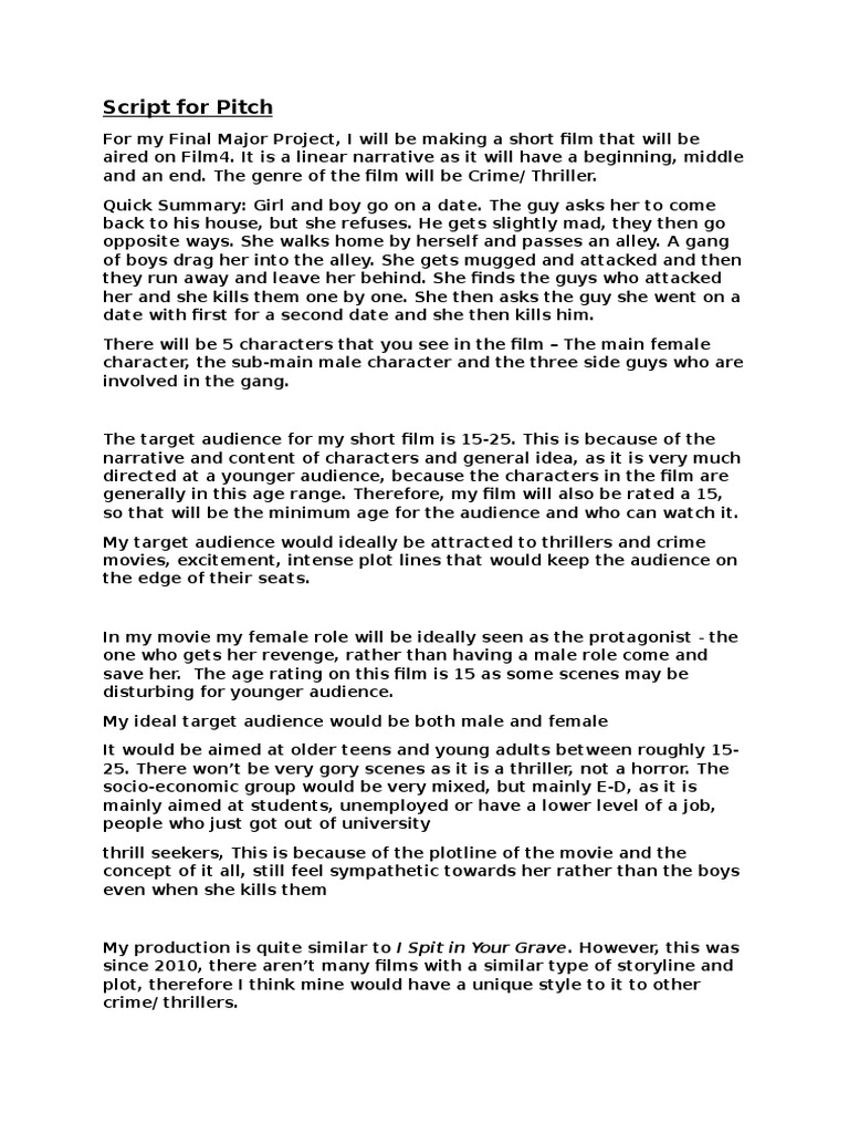 Script For Pitch | Download Free PDF | Thriller (Genre) | Leisure