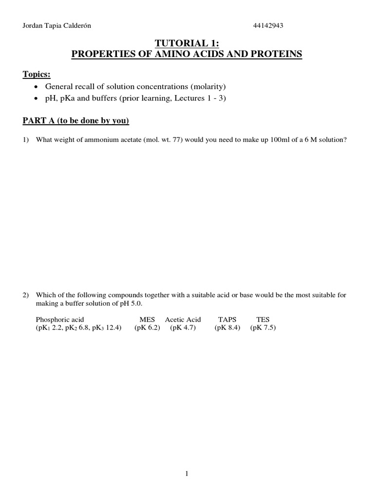 Tutorial 1: Properties of Amino Acids and Proteins | Download Free PDF | Amino Acid | Acid ...