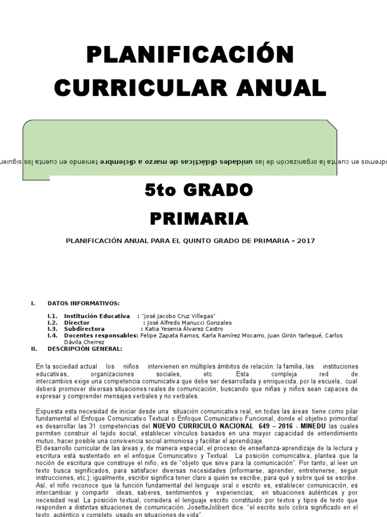 Planificación Anual para El Quinto Grado de Primaria | PDF ...