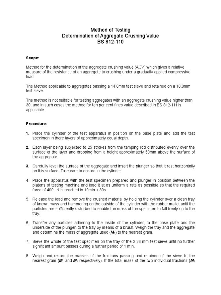 Method of Testing Determination of Aggregates Crushing Value (ACV ...