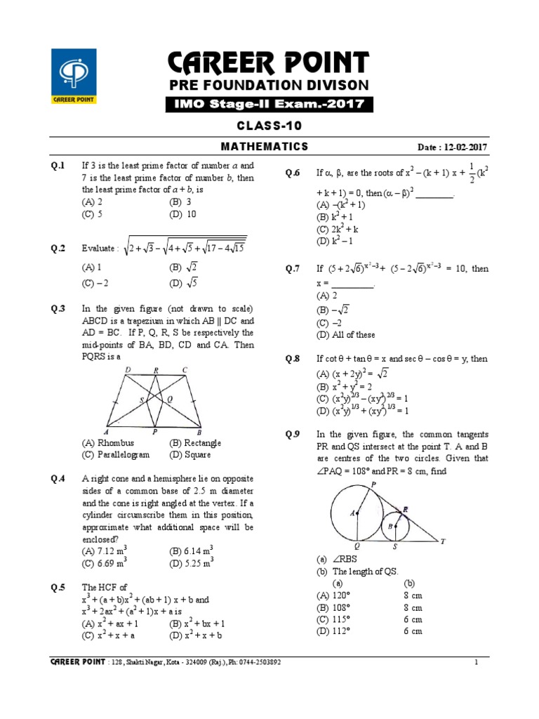 IMO Class 10 Stage-II Question Paper 2017 | PDF | Circle | Perpendicular