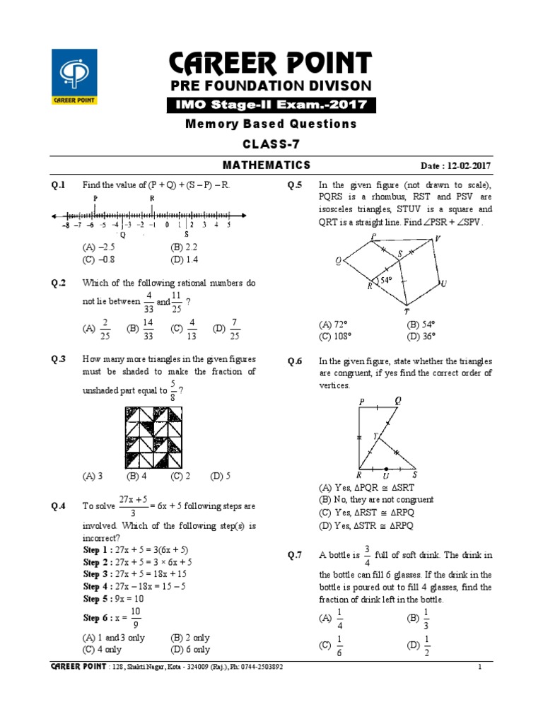 IMO-Class-7-Level 2 12-02-2017 | PDF | Triangle | Classical Geometry