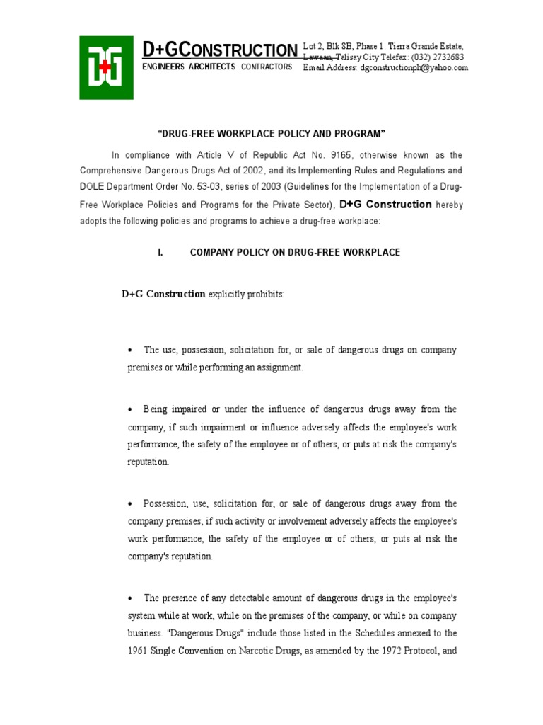 Drug Free Work Place Policy | PDF | Drug Test | Substance Abuse