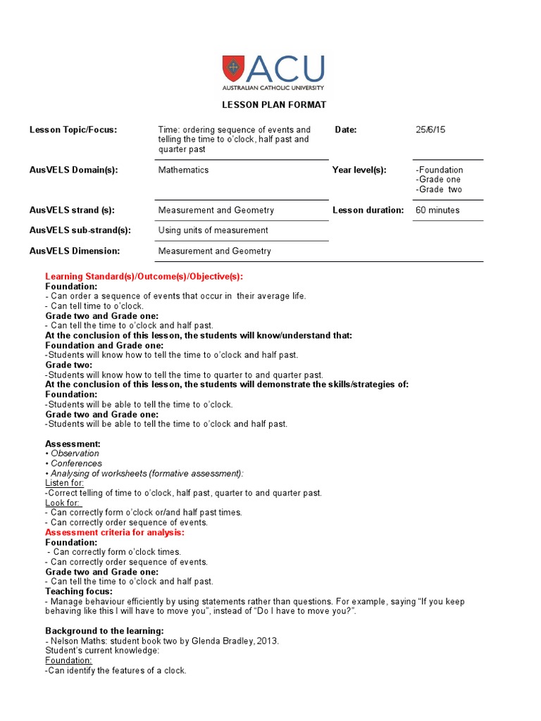 Acu Lesson Plan-Time Follow Proper | PDF | Time | Clock