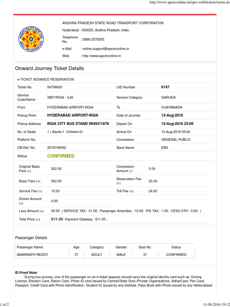 Apsrtc Ticket | Ticket (Admission) | Fare