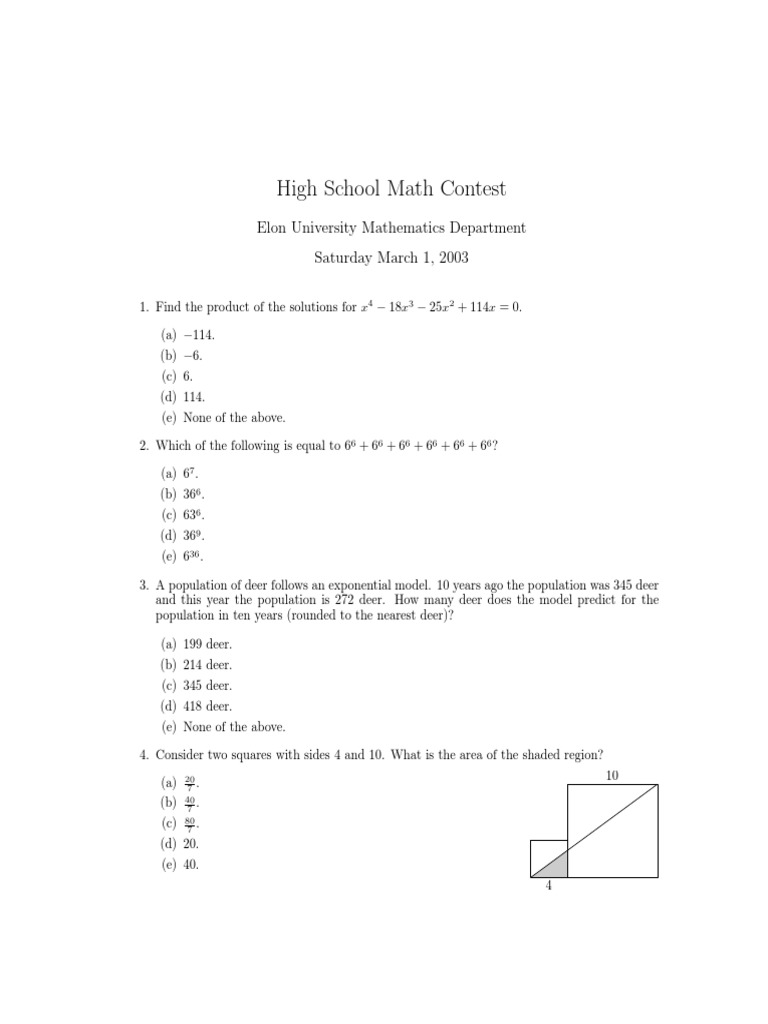 High School Math Contest: Elon University Mathematics Department ...