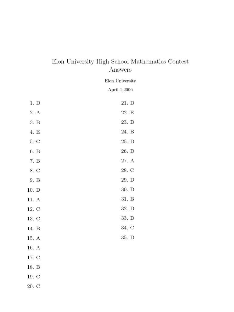 Elon University High School Mathematics Contest Answers | PDF