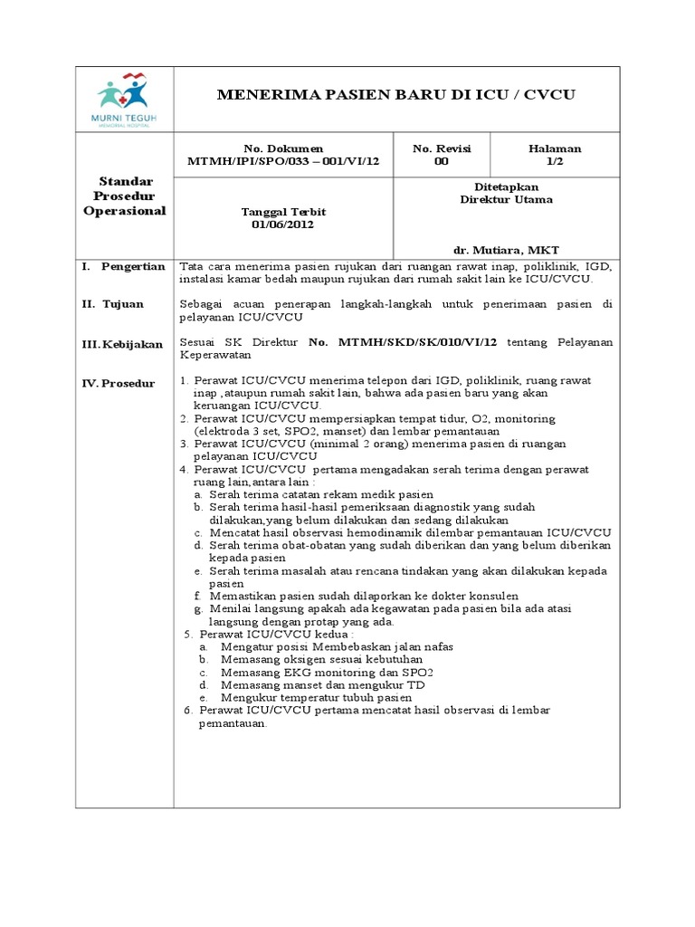 Prosedur Penerimaan Pasien ICU/CVCU | PDF | Pengembangan Diri | Sains ...