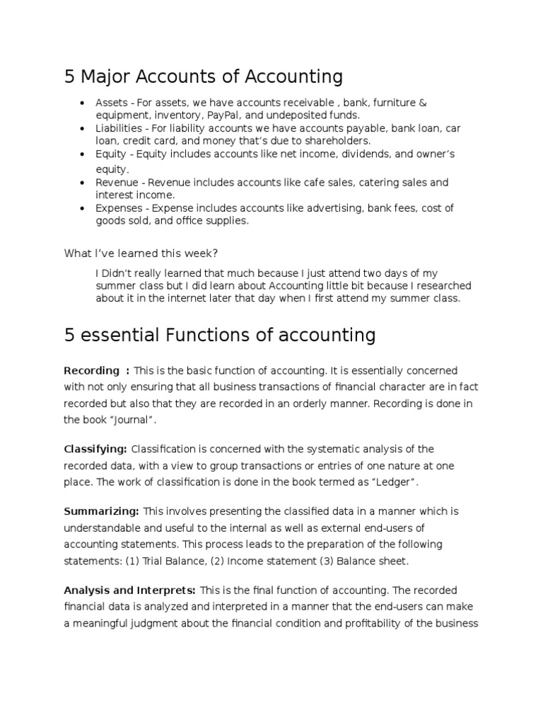 5 Major Accounts of Accounting | Service Industries | Corporations