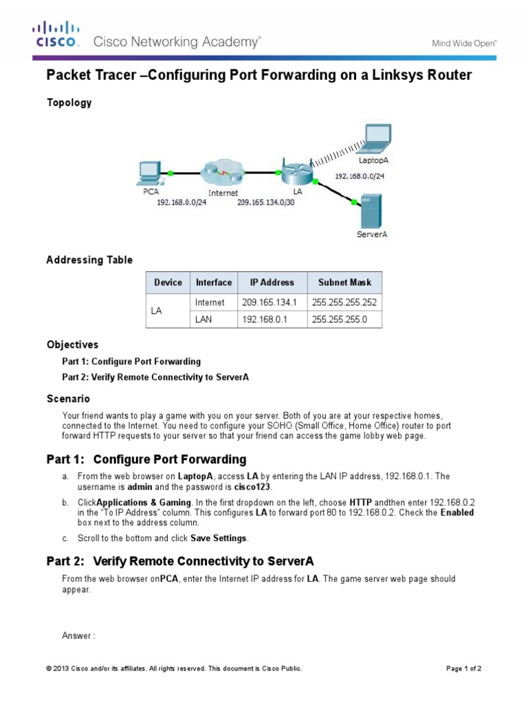 11.2.4.4 Packet Tracer - Configuring Port Forwarding On A Linksys ...
