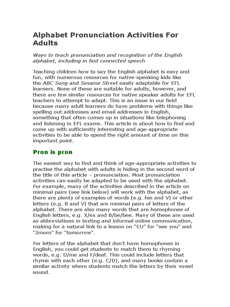 Pronunciation Activities for Adult Learners | PDF | English As A Second ...