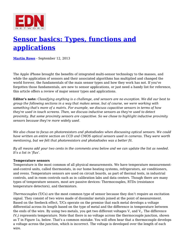 Sensor Basics Types Function and Applications | PDF | Thermocouple | Accelerometer