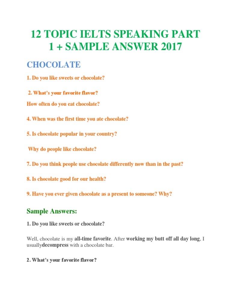 12 Topic Ielts Speaking Part 1 + Sample Answers 2017 | PDF | Thought ...