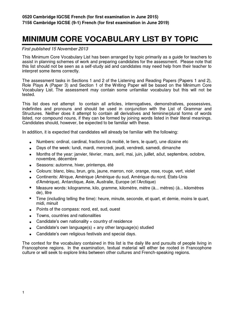 Minimum Core Vocabulary List for Cambridge IGCSE and IGCSE (9-1) French ...
